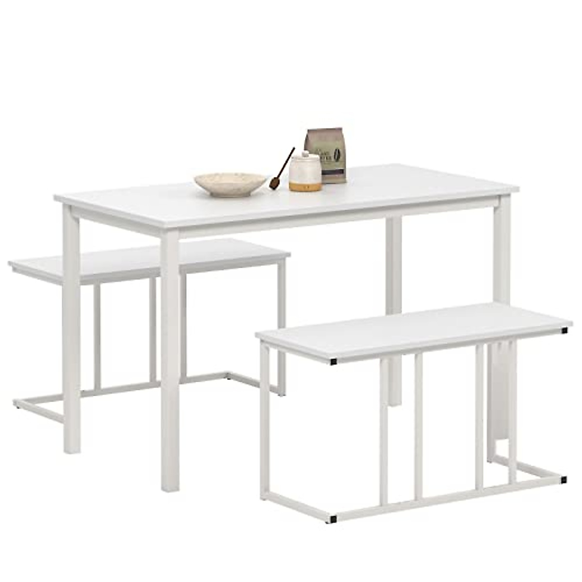 DlandHome 47'' Dining Table Set for 4, Kitchen Table Set Dining Table and 2 Benches, Kitchen Table and Benches, 3 Pieces Breakfast Table Set Dining Table with Bench Dining Room Bench Set, White