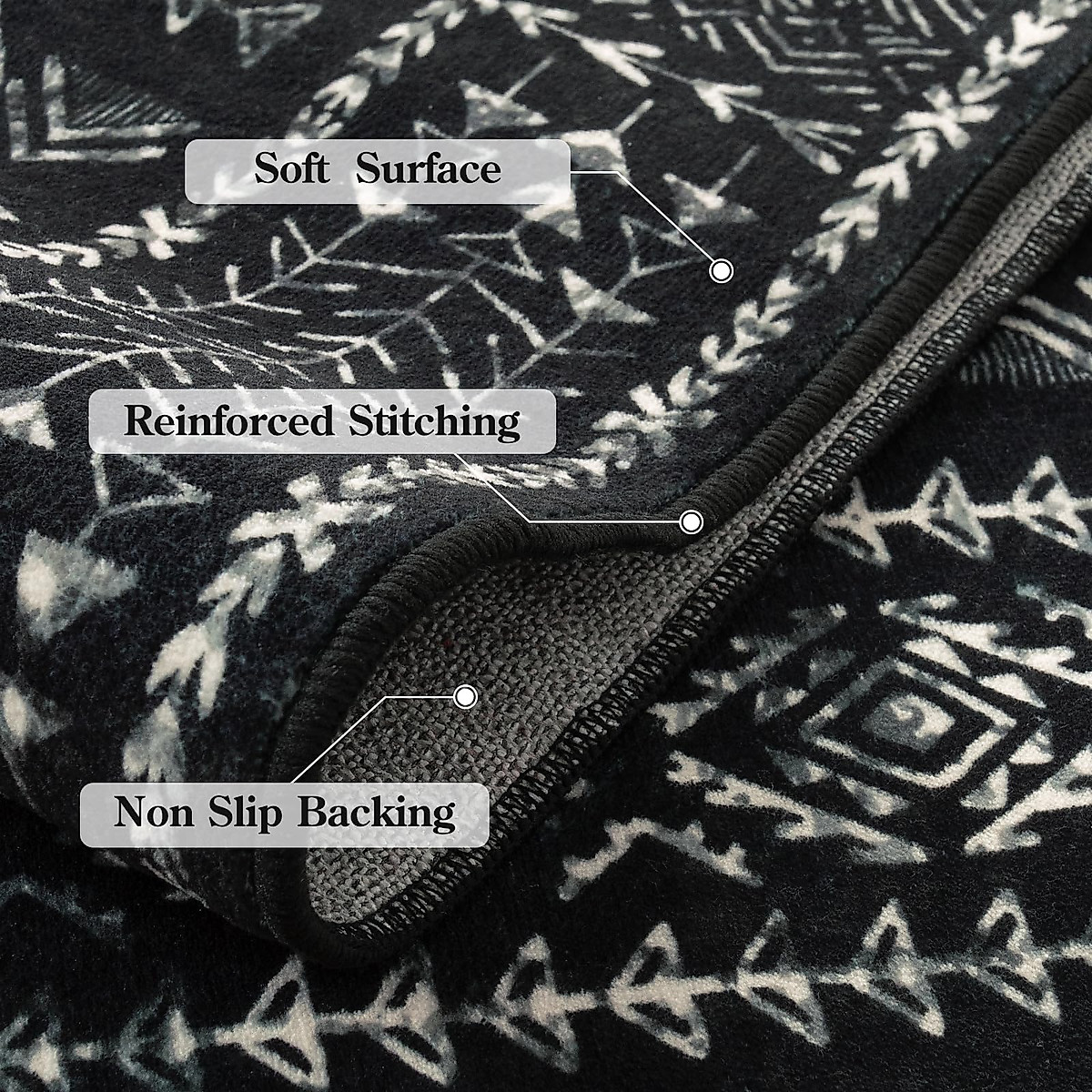 Zealude Boho Washable 3x5 Area Rugs for Kitchen Floor, Black and White Rug Modern Indoor Mats for Entryway Non Slip, Moroccan Geometric Carpet for Entrance Bathroom Living Laundry Room (3 x 5,Black)