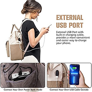 MOMUVO Laptop Backpack for Women Laptop Bag with USB Port, Student Bookbag Water Resistant Backpacks Teacher Doctor Nurse Work Backpack Stylish Travel Bags, Fits 17-Inch Laptop Khaki Beige