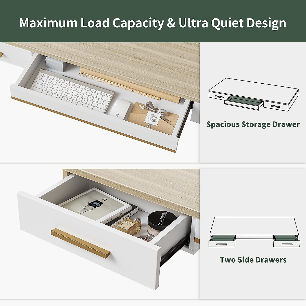 FEZIBO Mid Century Modern Electric Standing Desk with 3 Drawers, 48 x 26 Inches Whole Piece Sit Stand Up Home Office Desk, White Top with White Frame (2 Packages)