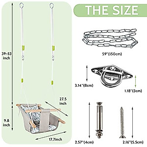 Baby Swing Hammock Infant Wooden Swing with Soft Cushion, Indoor & Outdoor Toddler Secure Hanging Swing Chair for Playground, Tree or Backyard, Green Leaf