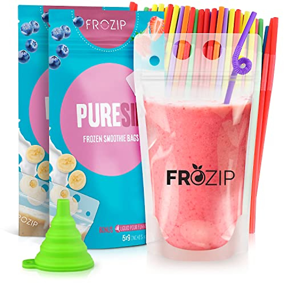 Frozip 100pcs 16oz Drink Pouches for Adults - Drink Pouches with Straws x100 & Funnel - Resealable Smoothie Pouches & Clear Juice Pouches for Adults - Drink Bag Plastic Pouches for Drinks with Straws