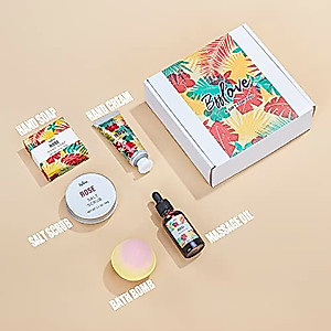 Spa Gifts for Women, Gift Set, Self Care Kit, Birthday Gifts, 5pc Rose Bath Sets Include Massage Oil, Bath Bomb, Salt Scrub, Soap, Hand Cream, Christmas Gifts for Mom