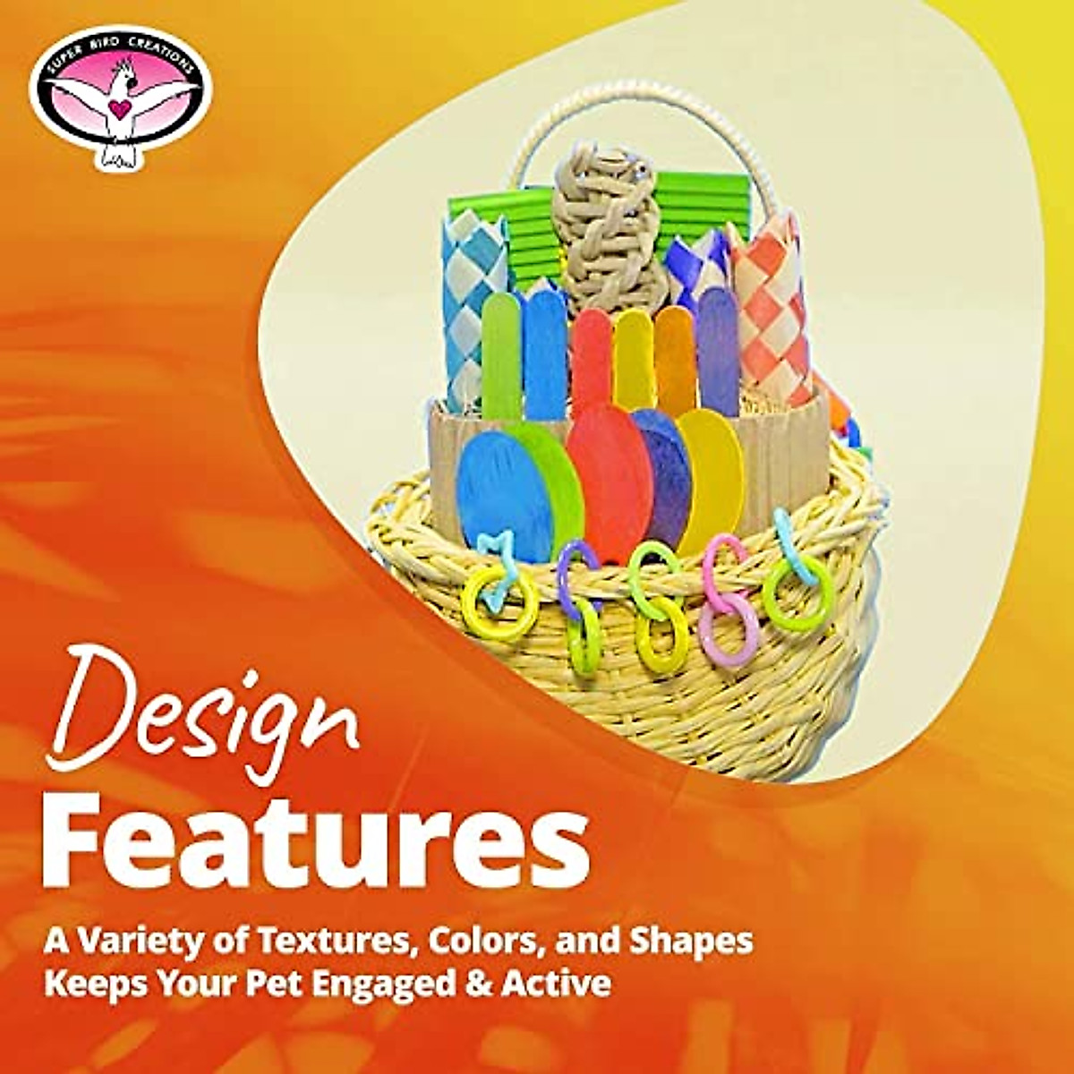 Super Bird Creations SB669 Wicker Foraging Basket Bird Toy with Array of Chewable Toys for Parrots, Medium Size, 10” x 4” x 5”, Varies, 1 Count (Pack of 1)