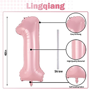 Pastel Pink 1 Balloons, 40 Inch Giant Light Pink Helium Foil Number 0-9 for Girls, Self Inflating 1st Birthday Balloon for Women Anniversary Baby Shower Princess Party Decorations Supplies