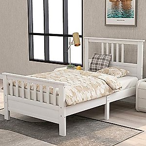 POCIYIHOME Twin Wood Platform Bed with Headboard and Footboard, Modern Bed Frame with Solid Wood Slat and Support Legs for Bedroom, Simple and Classic Design,No Box Spring Need, White (Twin)