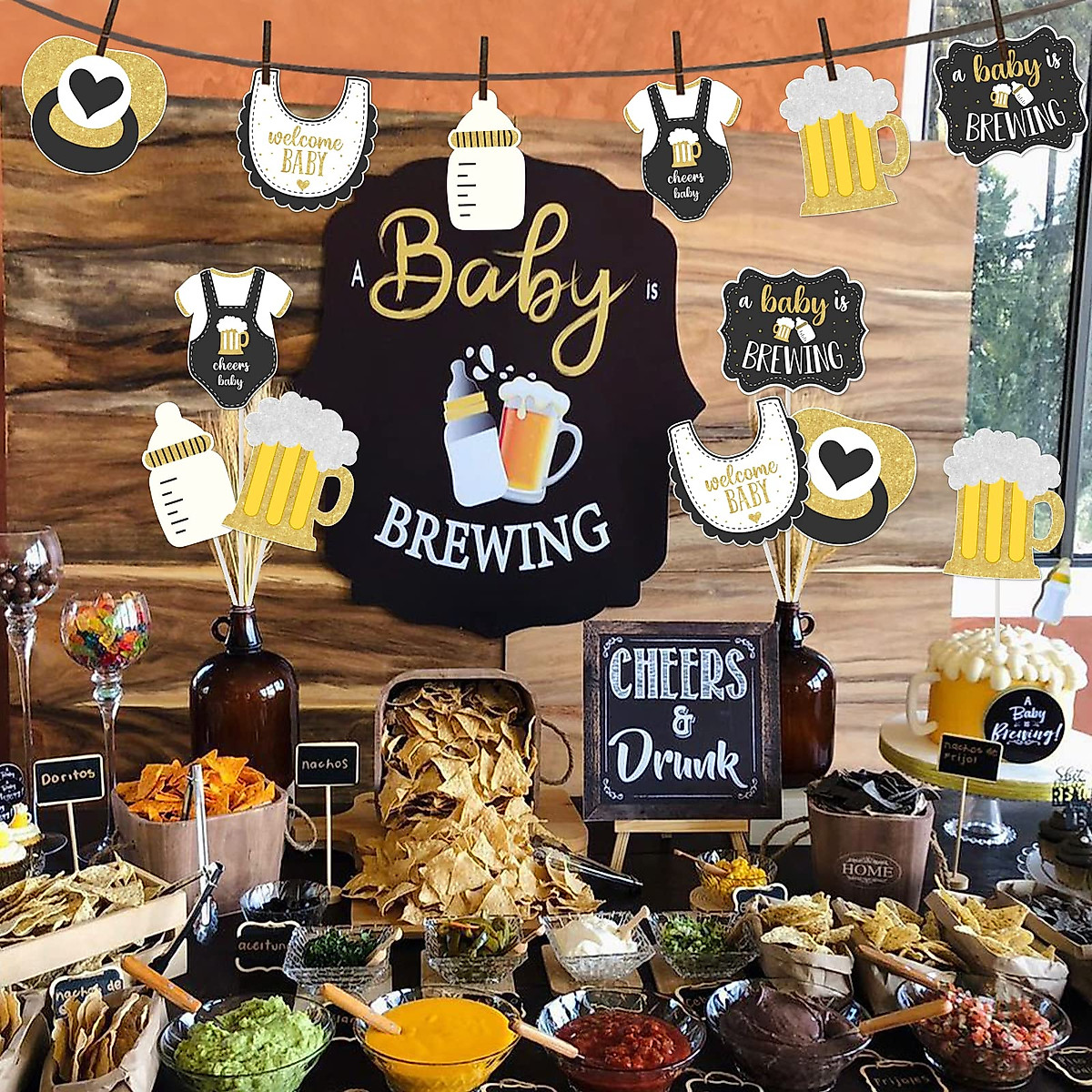 JOYMEMO 24 Pieces A Baby is Brewing Centerpiece Sticks Black Gold - Bottle and Beer Baby Shower Decorations, A Baby is Brewing Baby Shower Supplies for Pregnancy Diaper Huggies and Chuggies Party