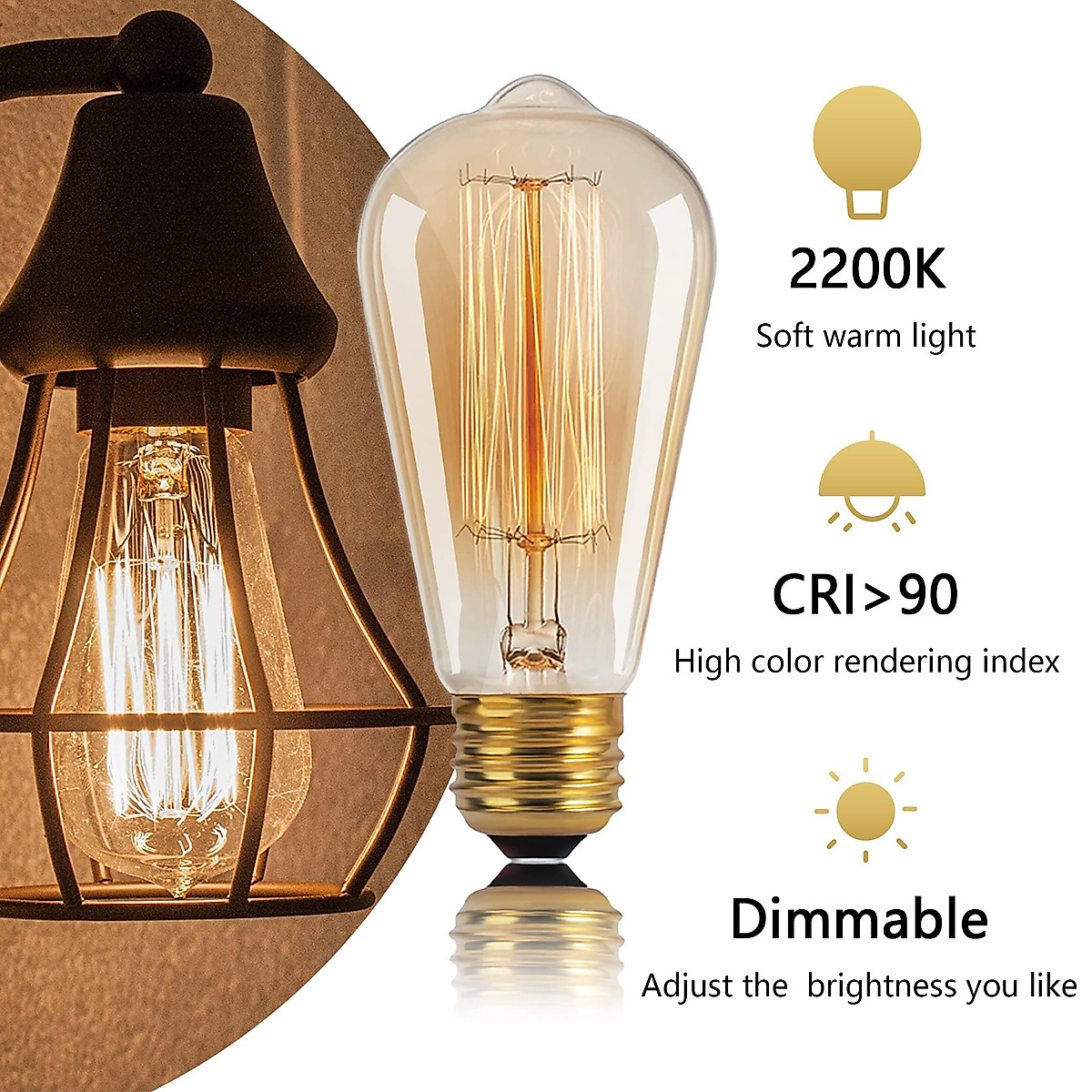 Figame ST64 Edison Bulb 60W 6 Packs, 110-130 Volts, E26/E27 Base Dimmable, Retro Edison Bulb 6 Packs, 2200k Amber Warm Yellow, Decorative Antique Filament Bulb Household Lighting Fixtures