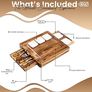Giate 2 Drawer Acacia Wood Cheese Board |Charcuterie Boards Gift Set - Elegant for Mom - Chauratri Board Set & Knife Set -Charcuterie Board Large House Warming Gifts New Home