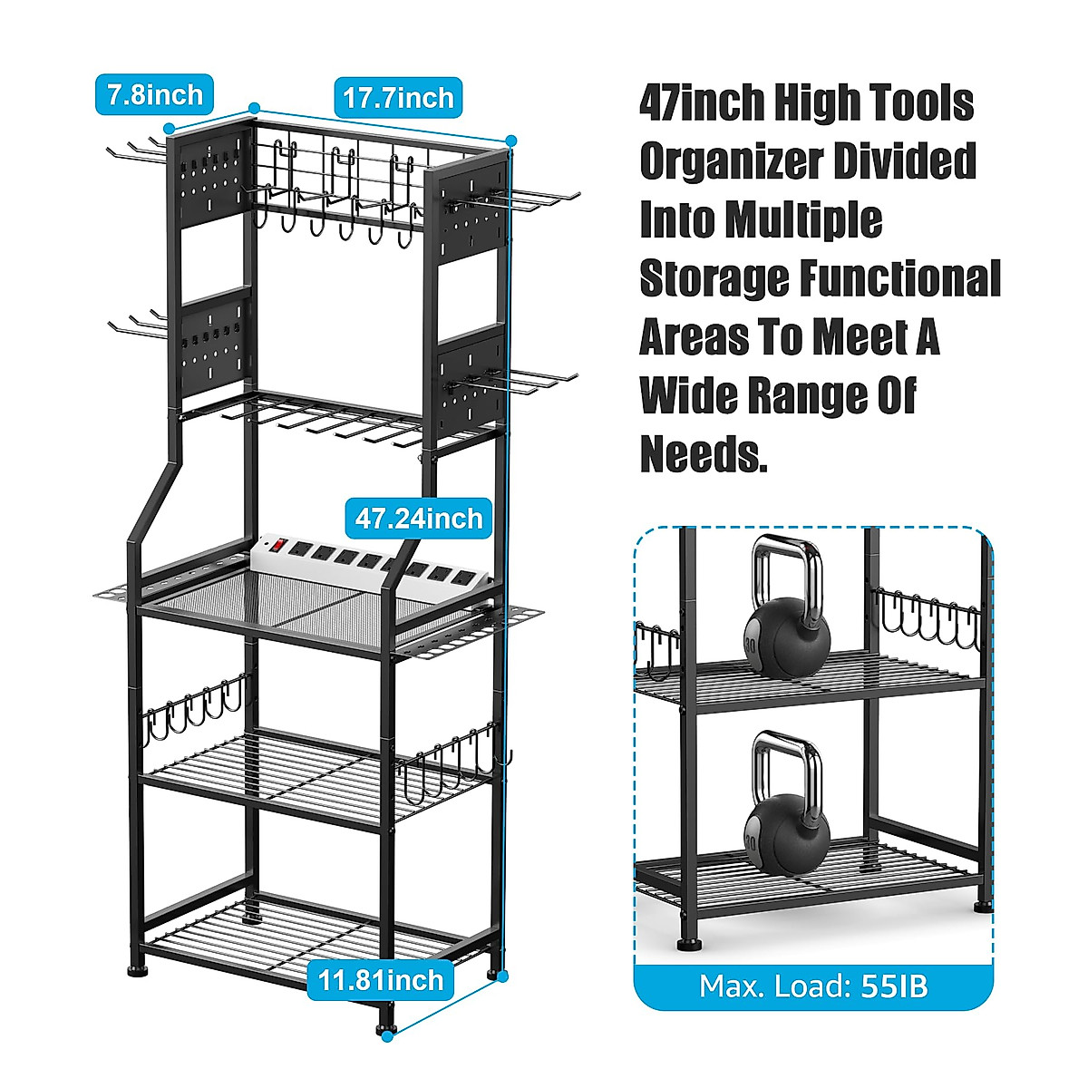 CCCEI Garage Small Power Tools Organizer Floor Stand, Drill and Battery Storage Rack with Charging Station, All Metal Tool Shelf with Pegboard and Hooks, Gift for Men.