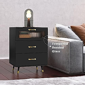 3 Drawer Nightstand Set of 2 Black Modern Nightstands with USB Charge, Glass Door, Gold Leg and Handle, Bedside Cabinet Furniture Side Table Chest for Bedroom