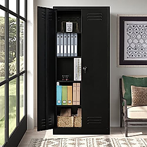 CJF Metal Storage Cabinet, Locked Steel File Cabinet with 4 Adjustable Shelves & Locking System, Tall Metal Garage Cabinet for Office, Home, 70.86" H×31.5" W×15.75" D（Black）