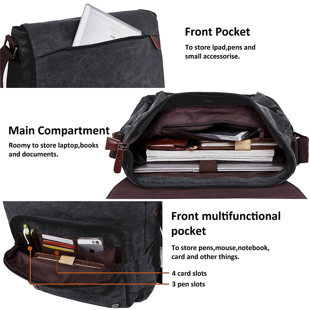 Canvas Messenger Bag for Men Women,Travel Satchel Shoulder bag 15.6 Inch Laptop Bags Business (Black)