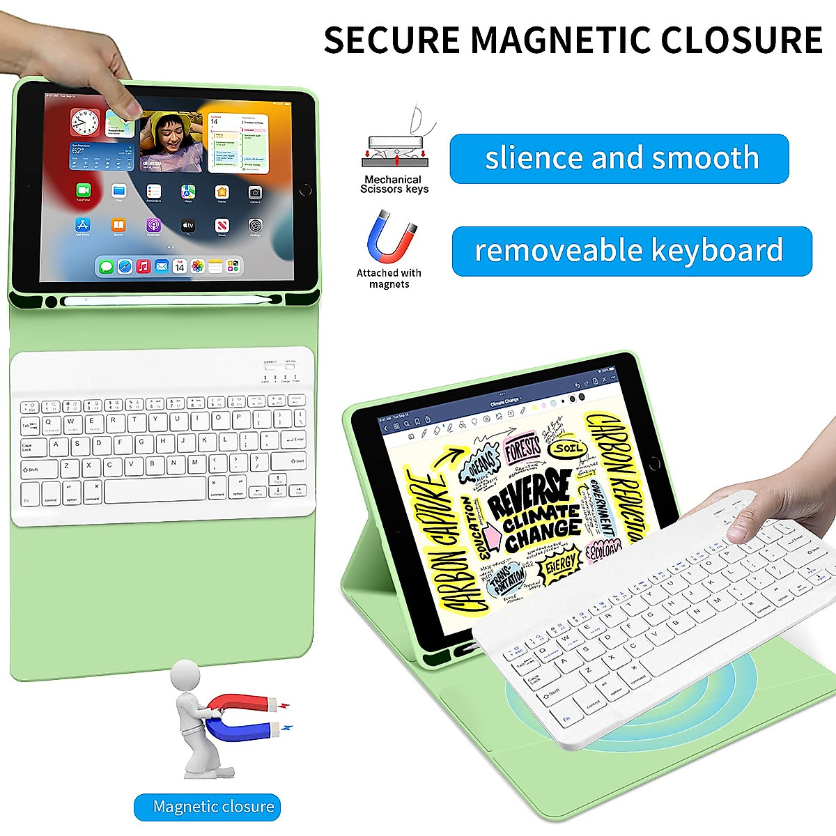 kenke Keyboard Case for iPad 9.7 inch 2018 (6th Gen) / iPad 2017 (5th Gen) / iPad Air 2/1, Lightweight Smart Cover with Pencil Holder, Magnetically Detachable Wireless Keyboard, Green