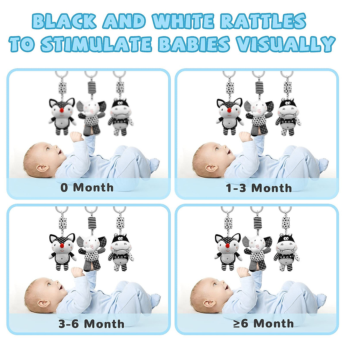 XIXILAND Hanging Rattles Toys White & Black Stroller Toy, Newborn Toys Infant Toys Crib Toys, Soft Plush for Stroller Car Seat Crib with Wind Chimes, Best Baby Gift for 0,3,6,9,12,18 Months