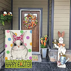 CROWNED BEAUTY Happy Easter Bunny Garden Flag 12x18 Inch Double Sided for Outside Burlap Small Polka Dots Yard Holiday Decoration CF705-12