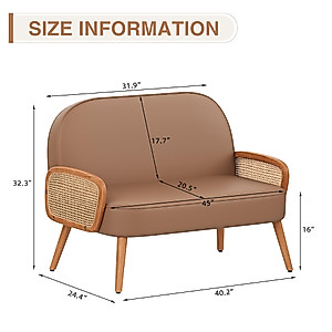 WENTMENT Loveseat Sofa Small Couch for Living Room, Faux Leather Mini Couch Love Seat with Natural Rattan Armrest and Solid Wooden Legs Small Sofa for Small Space, Bedroom, Apartment（Brown）