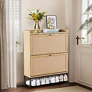 LEVNARY Shoe Storage Cabinet with 2 Flip Drawers, Wooden Narrow Shoe Cabinet Storage for Entryway, Freestanding Shoe Rack Organizer Cabinet with Metal Legs for Hallway (1, Natural Oak)