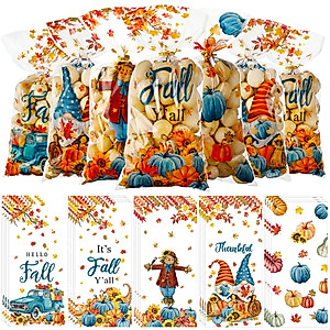 200 Pack Thanksgiving Cellophane Bags Fall Treat Bags with 200 Twist Ties Autumn Pumpkin Maple Leaves Plastic Candy Goodie Bags Fall Harvest Thankful Snack Bags for Thanksgiving Party Favor Supplies