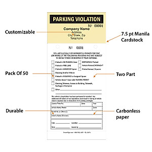 SmartSign (Pack of 50) Custom Parking Violation Ticket Two-Part, Add Your Company Name and Contact Details, 9.25 x 4.25 inch, Manila Cardstock with Adhesive and Two-Part Parking Ticket