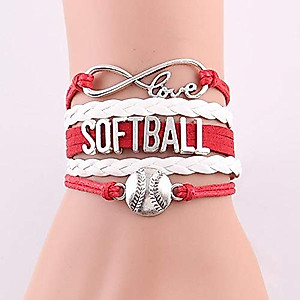 Softball Charm Bracelet (Red/White) Bracelets, Adjustable Bracelet with Softball Charm. Braided Bracelets for Softball Players, Softball Team, and Coaches - by SPORTYBELLA