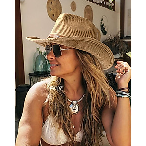 FURTALK Straw Cowboy Sun Hats for Women Men Western Cowgirl Hats with Wind Lanyard UPF 50+ Beach Hat Khaki