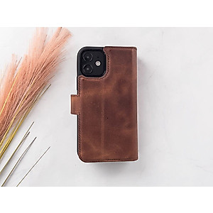 HARDISTON Premium iPhone XR Bi-Fold Wallet Case, Handmade Genuine Leather, Detachable Magnetic Flip Cover with Card Holders, Customizable, Double Fold Phone Case, Kickstand, Wireless Charging (Brown)