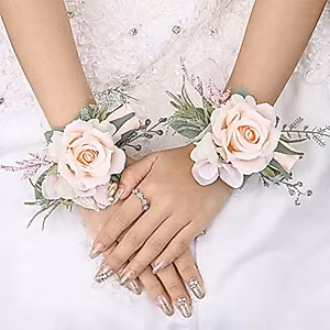 Campsis Wedding Handmade Wrist Flower Corsage Pink Leave Ribbon Bride Wristlet for Bridal Bridesmaid Prom Party Beach Photography 2PCS
