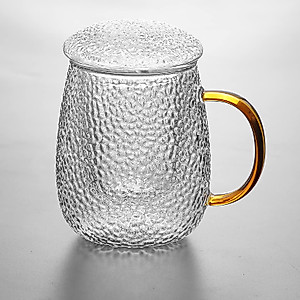 Tea Cup With Infuser and Lid, 19 OZ (560 ml), Amber Color Handle, Food Grade Borosilicate Glass Material, Resistant to Cold and Hot Shock, Hammered Texture Design, Loose Leaf Tea Cup