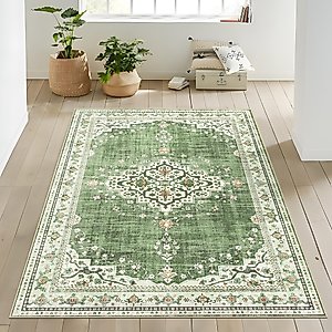 YesRug Green Small Rug 3x5, Boho Vintage Rug for Bathroom Living Room Bedroom Kitchen Office Rug, Non Slip Washable Soft Low Pile Area Rug Distressed Floor Carpet