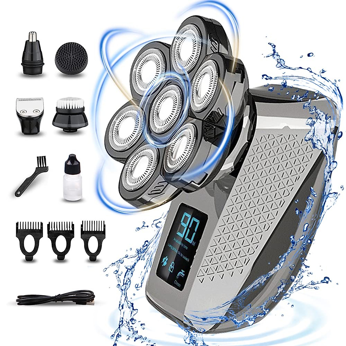 Yogioaf Head Shaver for Men, 5-in-1 Electric Razor for Men, Wet & Dry, Anti-Pinch, Upgrade Cordless with 7D Floating Shaving Heads, Waterproof and Rechargeable Rotary Bald Head Shaver