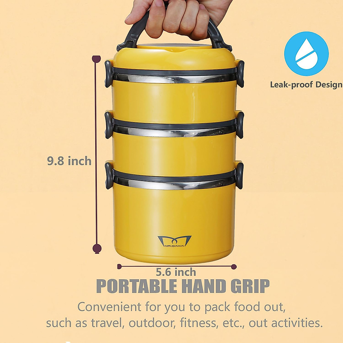 Mr.Dakai Stainless Steel Bento Lunch Box for Adults, Teens, & Larger Appetites; 3-Tier Portable Stackable Insulated Lunch Box Containers for Adults, with Bag, Spoon & Fork; 81oz, Yellow