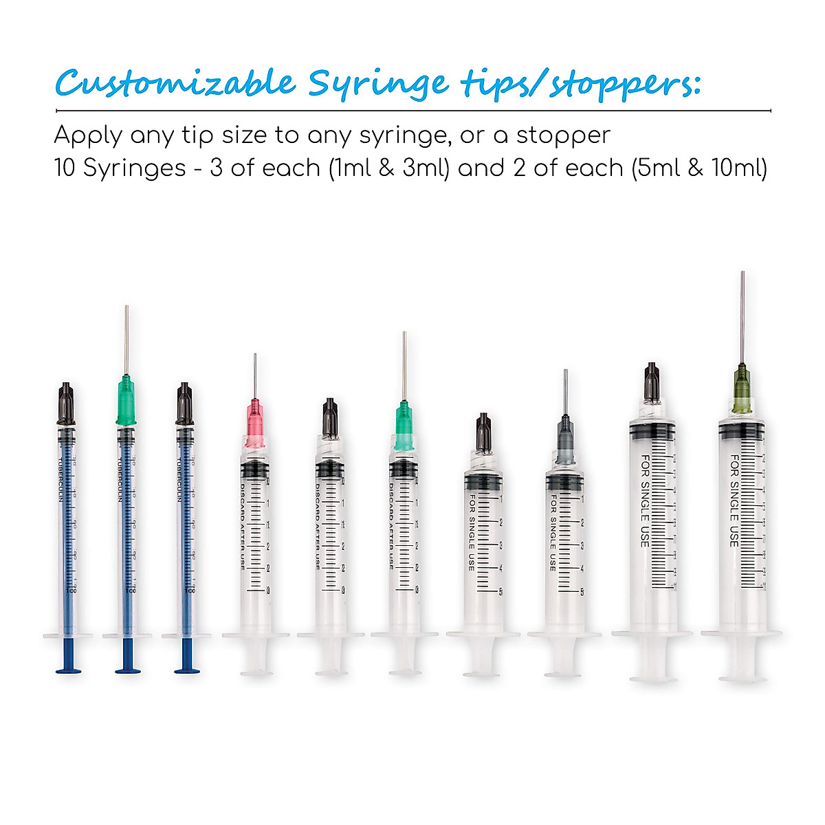 Free Hand Syringe Blunt Tip Needle Set - (10 Syringes, 10 Needles, 10 Caps and 2 Storage Bottles) - for Refilling and Measuring Liquids, Oil or Glue Applicator