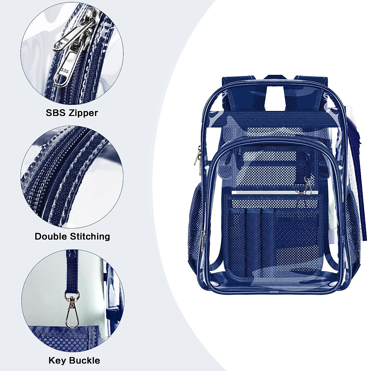 PAMANO Clear Backpack Transparent Heavy Duty See Through Bag for College Work Stadium Concert Travel Security, Navy