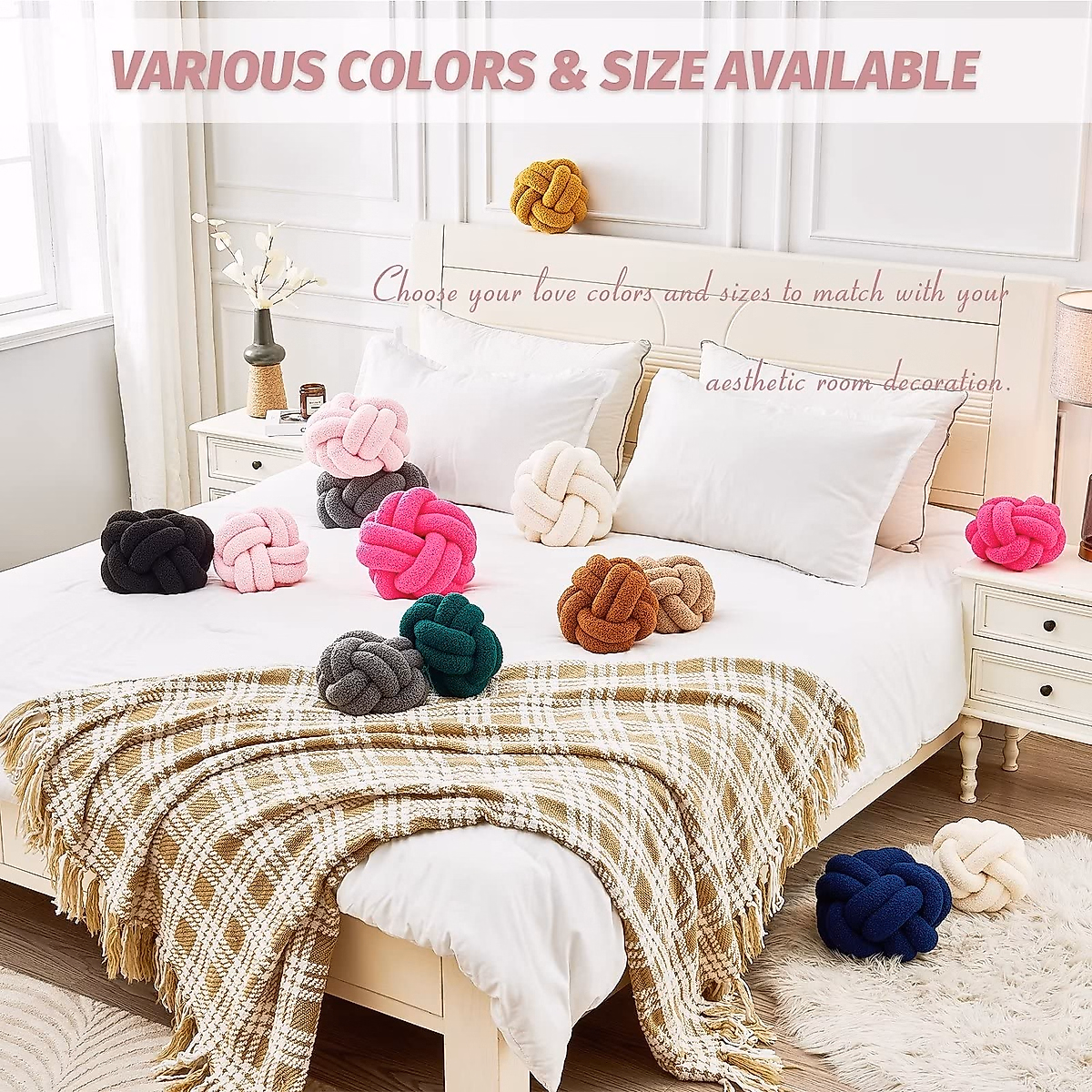 Uvvyui Knot Pillow Ball, Soft Pink Home Decor Knotted Pillows, Handmade Round Plush Throw Pillow, Aesthetic & Cute Large Decorative Pillows for Bed, Floor, Couch, Bedroom Home Decor 8 inches