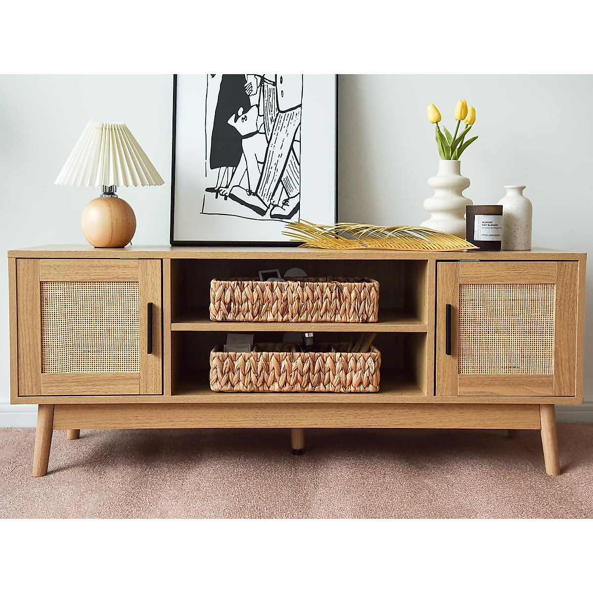 StorageWorks Small Wicker Baskets with 4 Sections, Water Hyacinth Baskets for Organizing, Handwoven Desk Baskets for Pantry, Coffee Bar, Shelves, 2 Pack