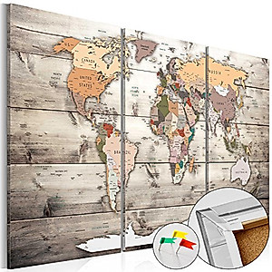 artgeist Pinboard World Map 35x24 in - Cork Board & Canvas Print Wall Art 3 pcs Memoboard with 50 Pins Noticeboard Message Board Image Picture Home Decor Travel Map Map of The World k-C-0035-p-g