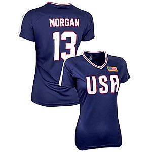 Women's U.S Shirt, USWNT Player T Shirt Blue, Official US Womens National Soccer Team Association USA Flag Tee Top Alex Mor