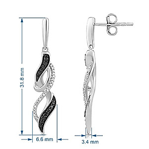 Jewelili Sterling Silver Treated Black and Natural White Round Diamond Accent Twisted Infinity Dangle Earrings