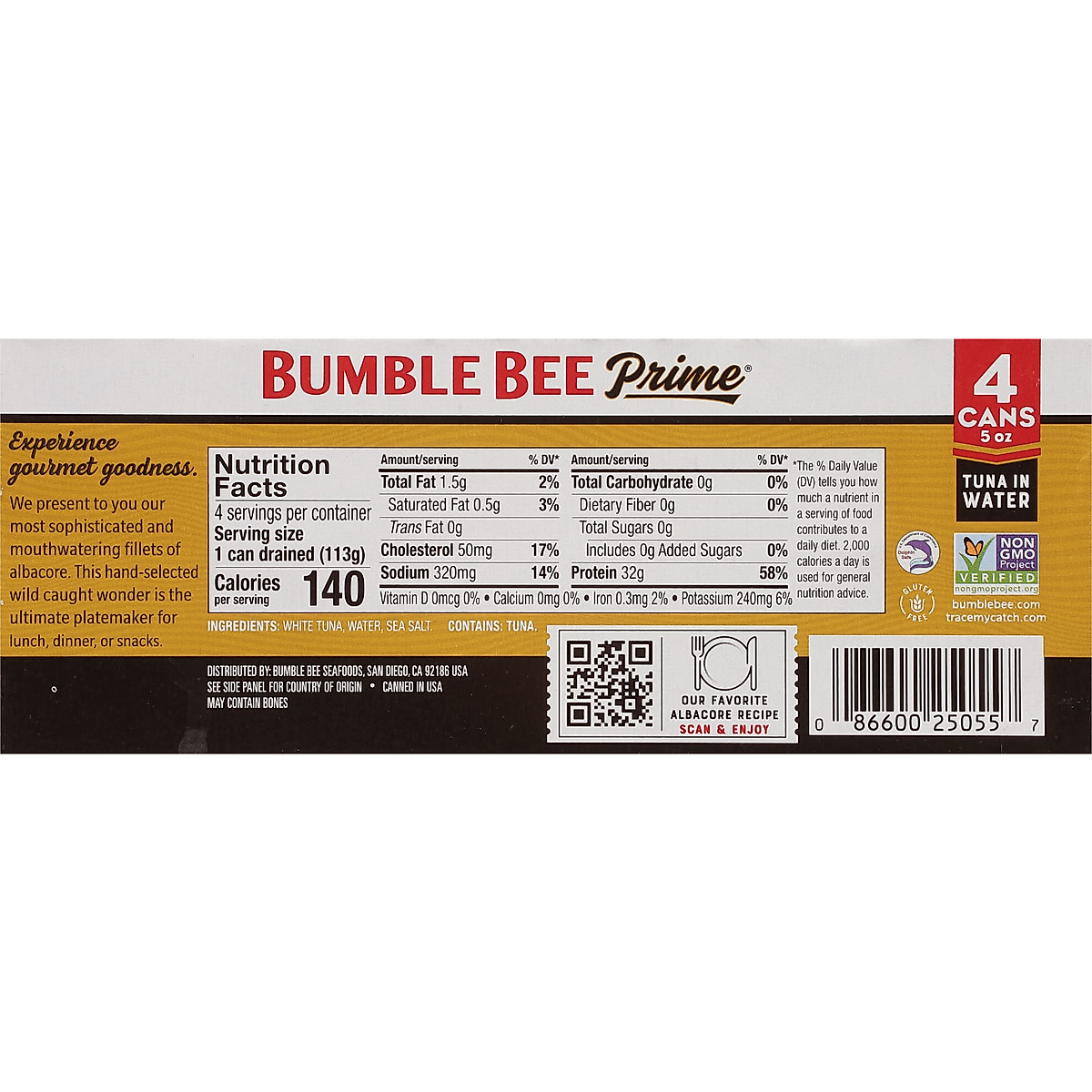 Bumble Bee Prime Solid White Albacore Tuna in Water,Premium Wild Caught Tuna - 31g Protein per Serving - Non-GMO Project Verified, Gluten Free, Kosher, 5 Ounce (Pack of 4)