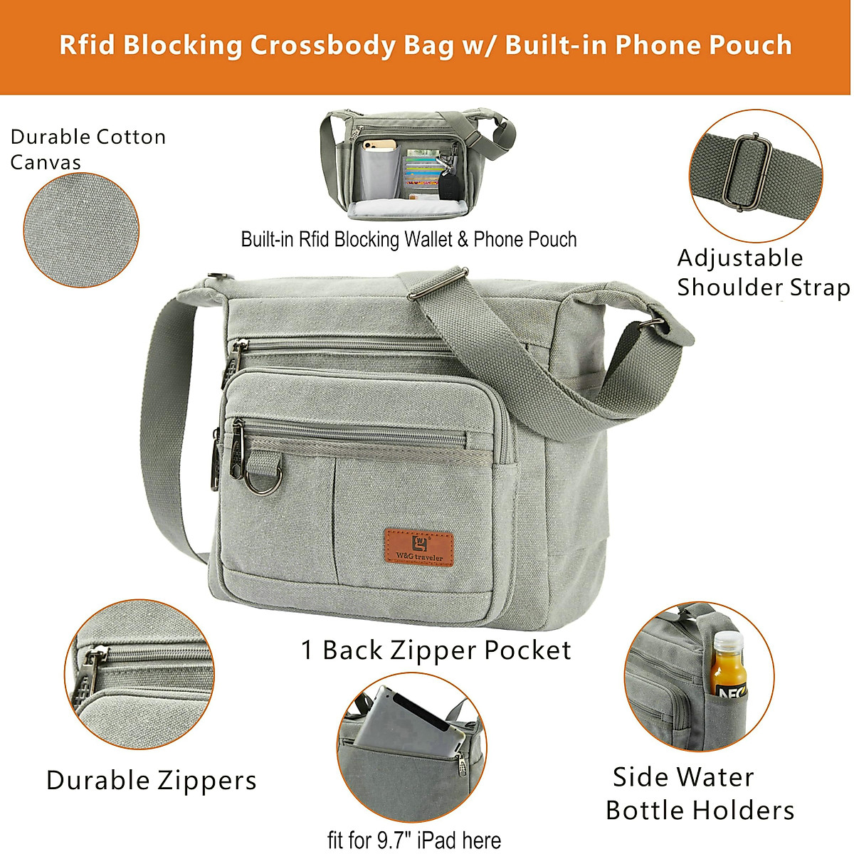 Anti-theft Crossbody Bag, Rfid Messenger Bag with Water Bottle Holders, 13 inch Shoulder Laptop Bag W/Built-in Wallet for Work, Travel, Tool, Commute, Camera, Grey