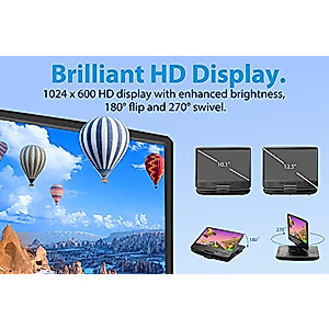 Megatek 12.5" Portable DVD Player with 10.5" HD Swivel Screen, Upgraded 6-Hour Rechargeable Battery, Play CD/DVD/USB/SD Card, Car Headrest Mount, AC Power Adapter, Car Charger, Remote Control