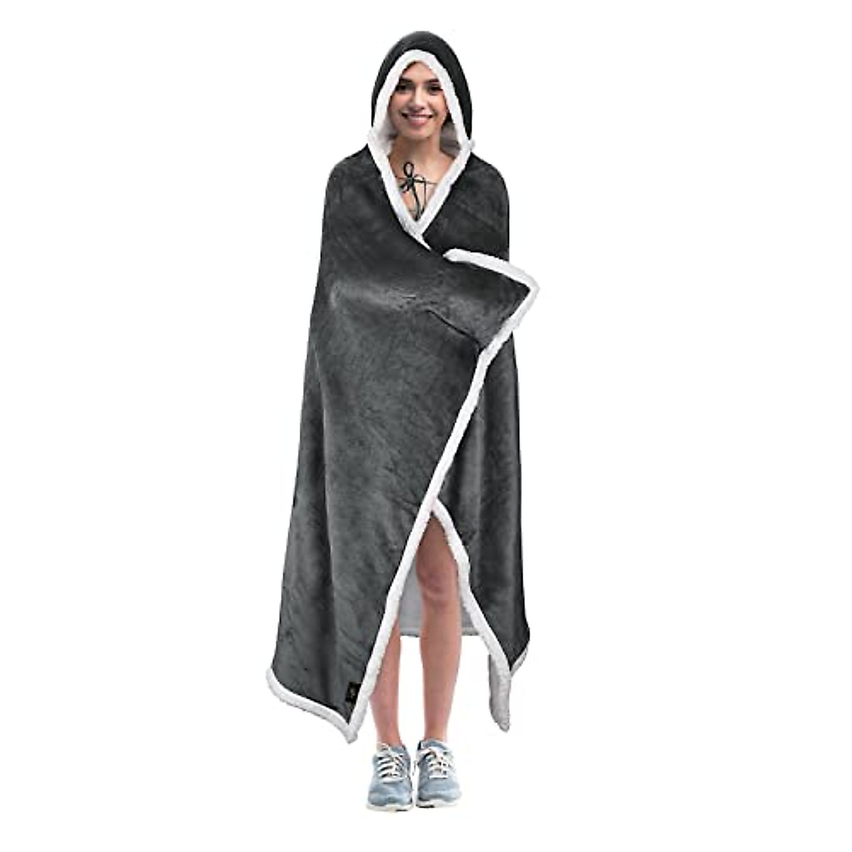 Tirrinia Sherpa Hooded Blanket Wearable Cuddle Throw Warm Cozy Sherpa Lining 47’x73’/ Sherpa Throw Blanket/