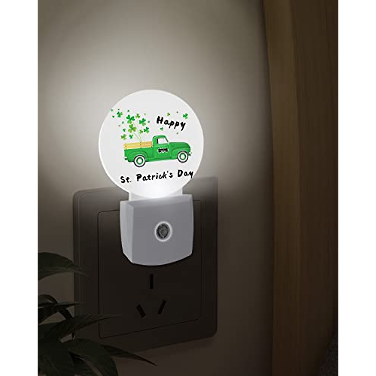 Happy St.Patrick's Day Truck Night Lights Plug into Wall, Irish Clover Green Auto Round LED Lights with Dusk to Dawn Sensor for Bedroom, Bathroom, Hallway, Kitchen, Kids, Home Decor
