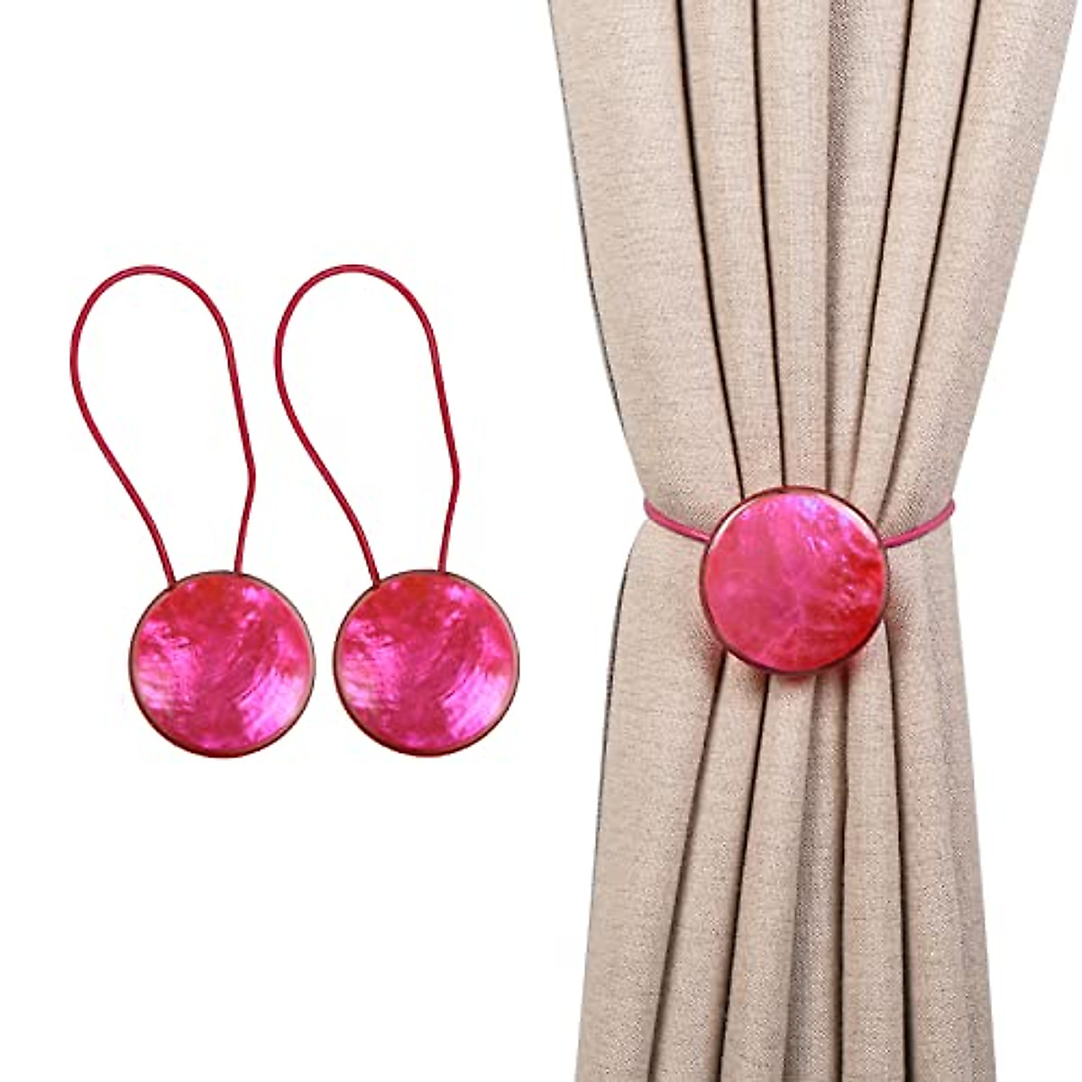 Labupa Curtain Tiebacks, 12 Inch Inlaid Shell Sequins Magnetic Tie Backs Patented Curtain Drapery Holdback Window Modern Decorative Holders with Rope for Home Cafe Balcony (Red, 2 Pack)