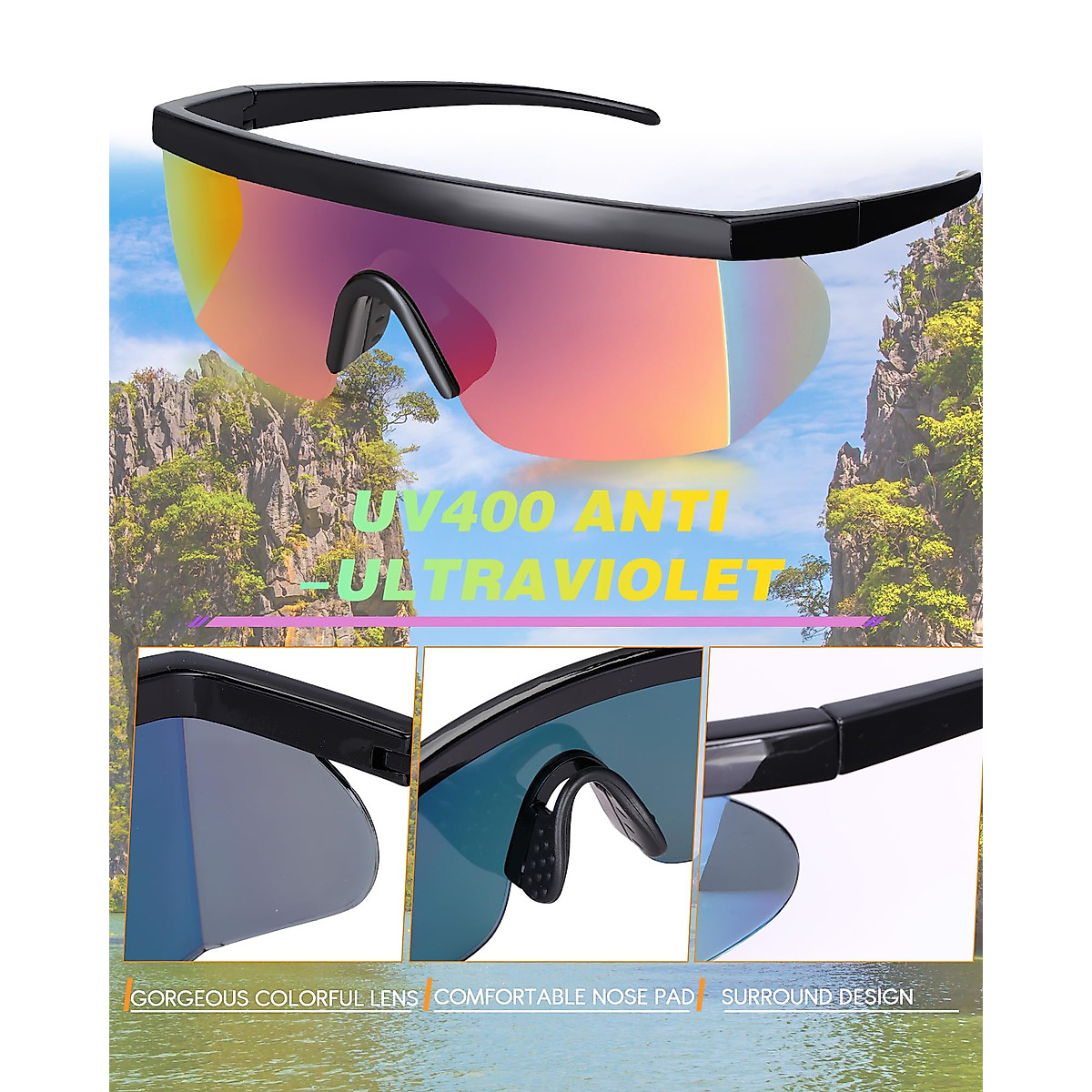 Kanayu 12 Pairs Neon Retro Semi Rimless Sunglasses 80s 90s Sunglasses Goggle Style Retro Rave Shades Glasses Sports Sunglasses for Men Women Adult Youth Teens