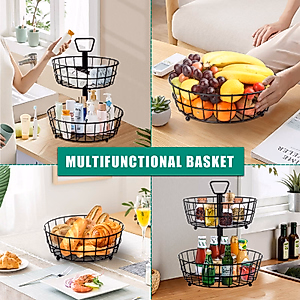 TomCare 2-Tier Fruit Basket Metal Fruit Bowl Bread Baskets Detachable Fruit Holder Produce Basket Large Fruit Stand Organizer Kitchen Storage Baskets for Fruits Breads Vegetables Snacks, Black