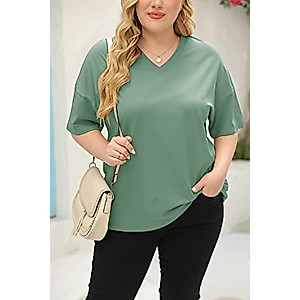 Fisoew Women's Plus Size V Neck T Shirts Summer Half Sleeve Oversized Tees Casual Loose Fit Tunic Tops Green