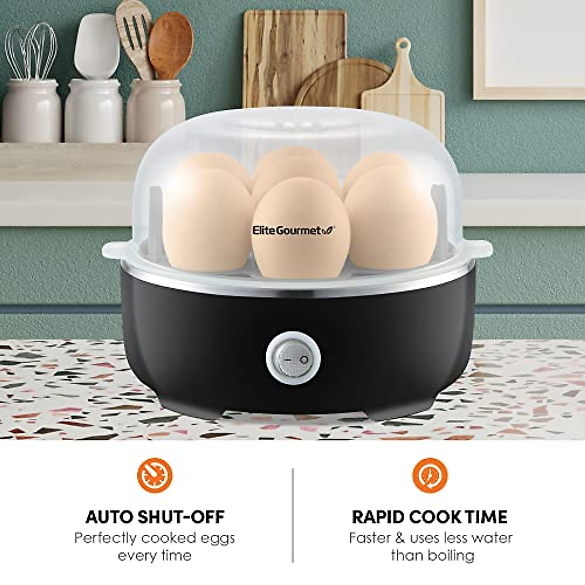 Elite Gourmet EGC115B Easy Egg Cooker Electric 7-Egg Capacity, Soft, Medium, Hard-Boiled Egg Cooker with Auto Shut-Off, Measuring Cup Included, BPA Free, Classic Black
