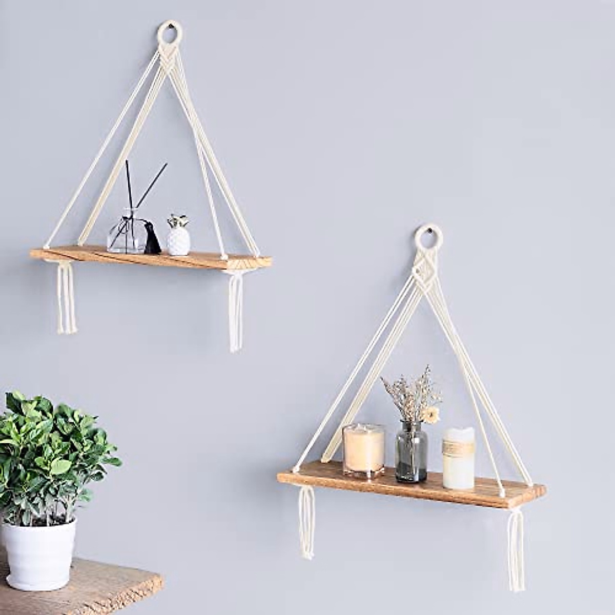 Dahey Macrame Hanging Shelf Boho Wall Decor, 2 Pack Rustic Wood Floating Shelves for Nursery Bedroom Bathroom Living Room Dorm Room, Storage Display Shelves for Hanging Plants Photos